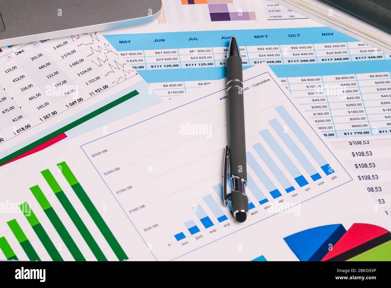Statistical charts and a pen on the businessman's desktop. Calculation ...
