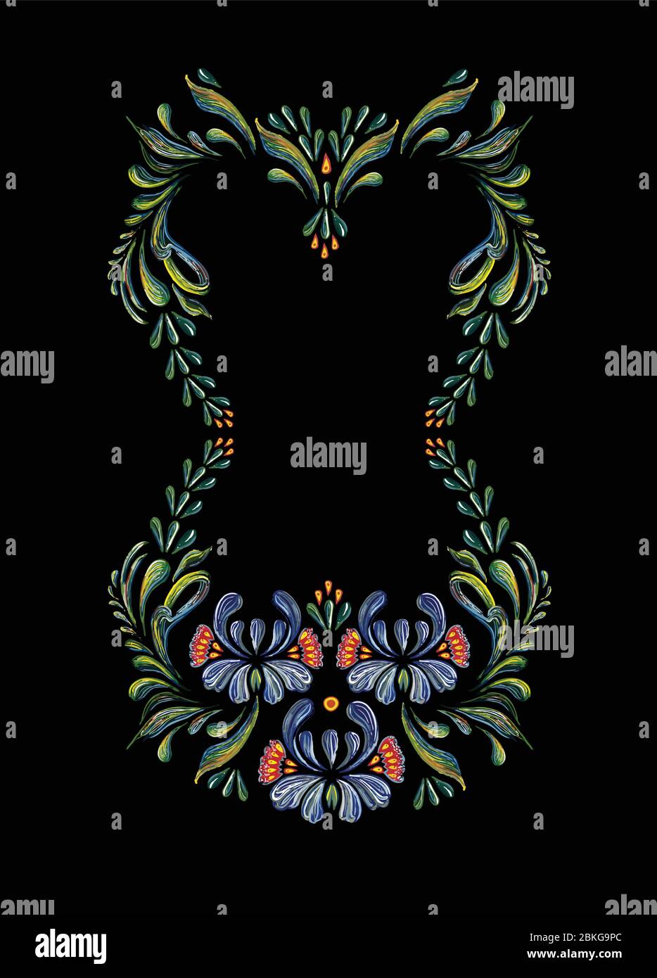 Illustration in folk style. Beautiful border with flowers in vintage ...