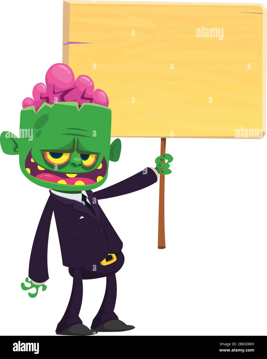 Cartoon zombie holding wooden sign. Vector illustration. Isolated on ...