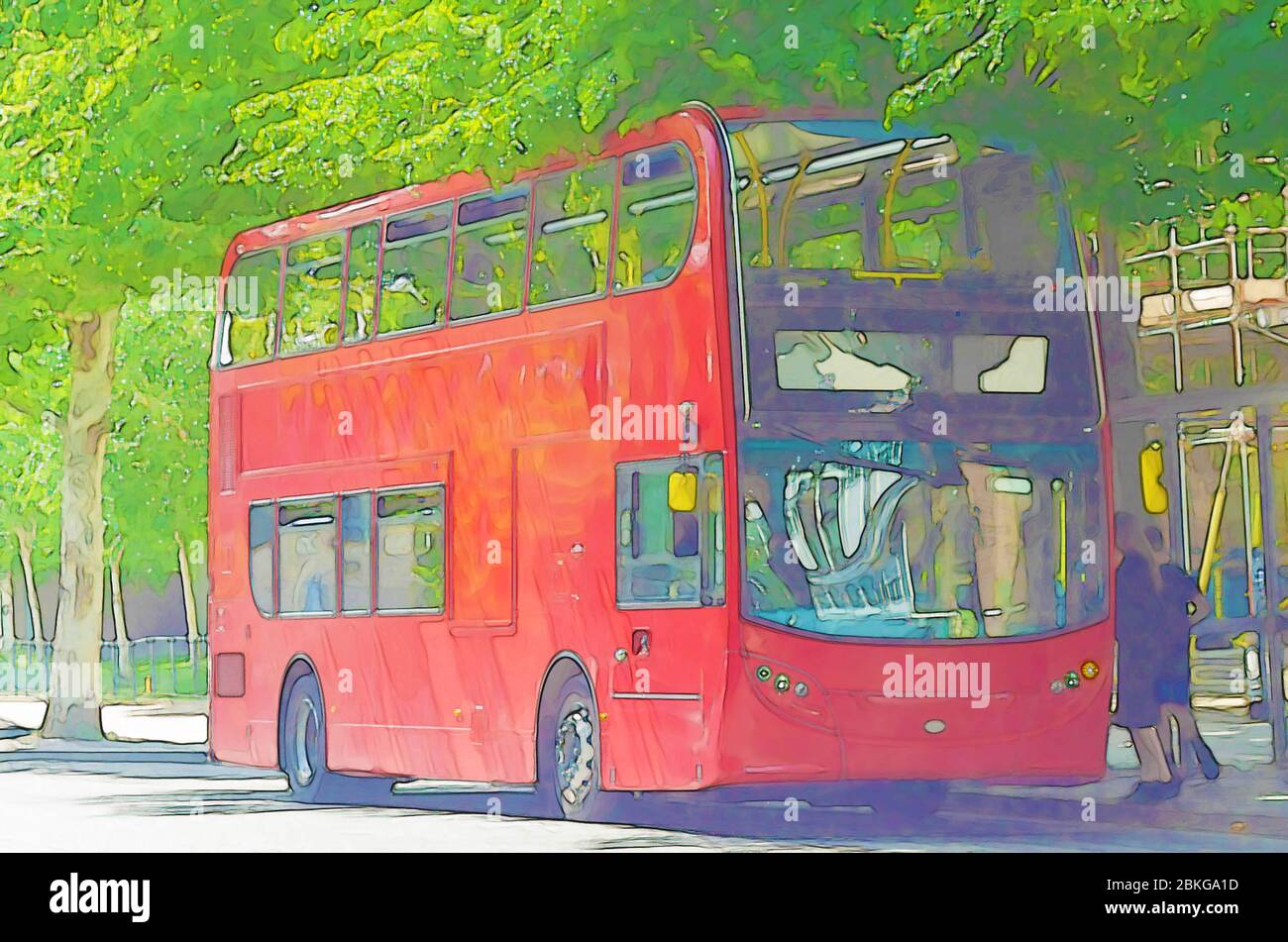 Watercolor illustration depicting a traditional double-decker red bus ...