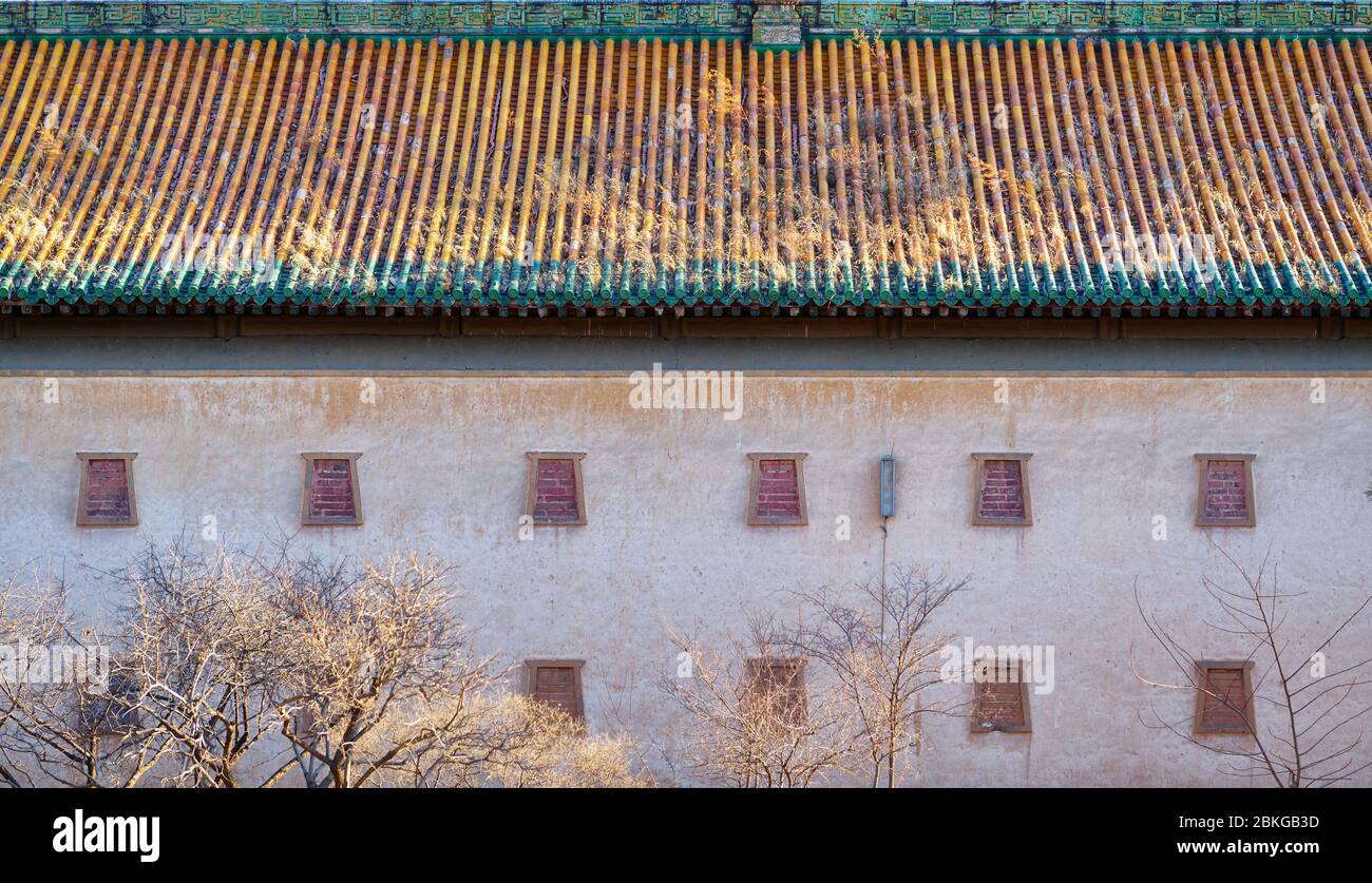 Facade an ancient Chinese historical building with closed windows and ...