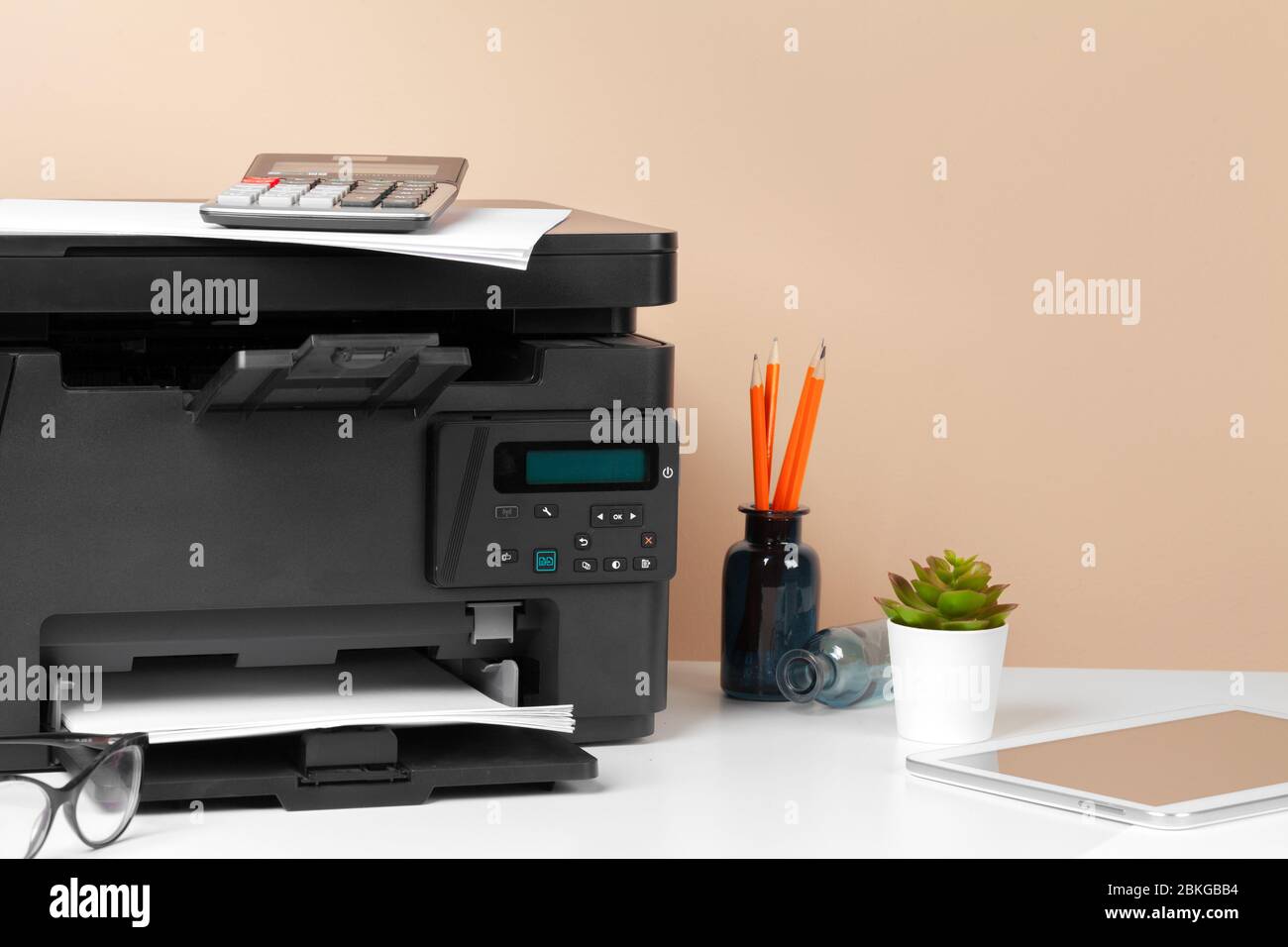 Printer, copier, scanner in office. Workplace. Close up Stock Photo - Alamy