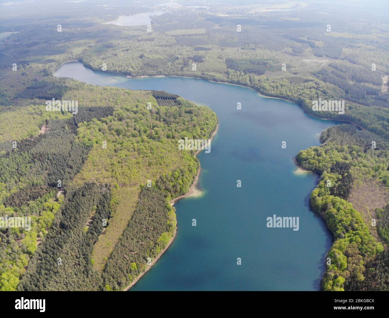 Aerial view of crystal clear Peetschsee located in Stechlin ...