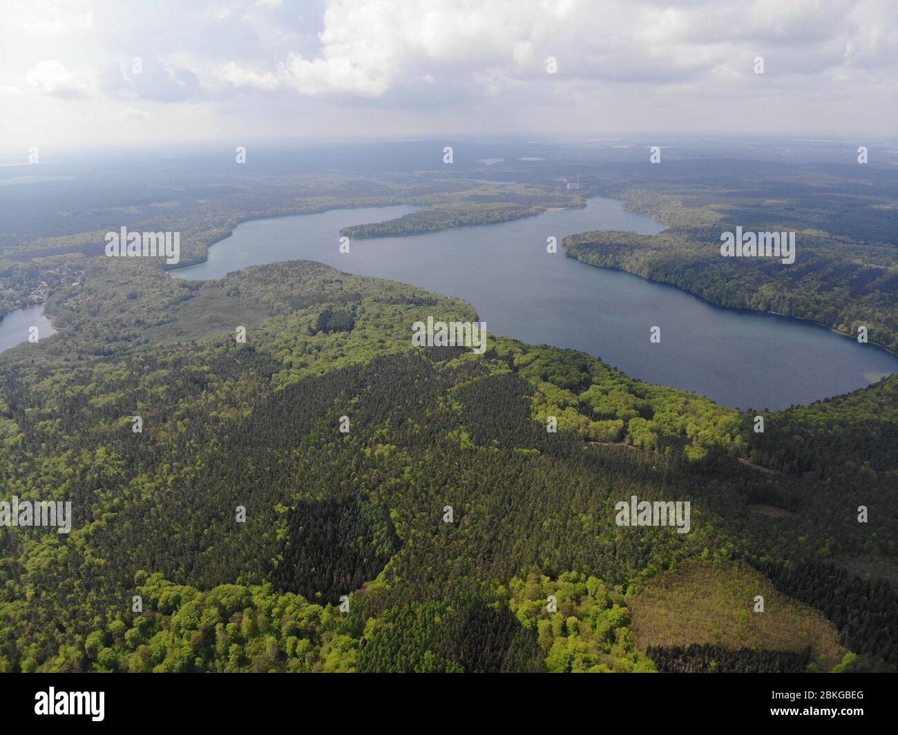 Aerial view of crystal clear Peetschsee located in Stechlin ...