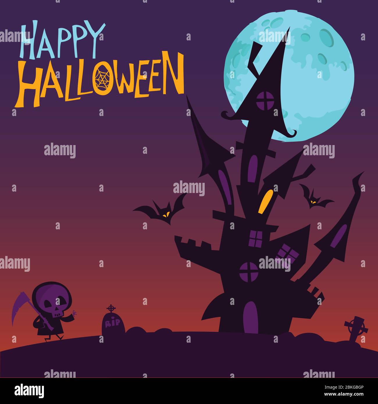 Scary haunted house with grim reaper walking and tombstones. Halloween ...