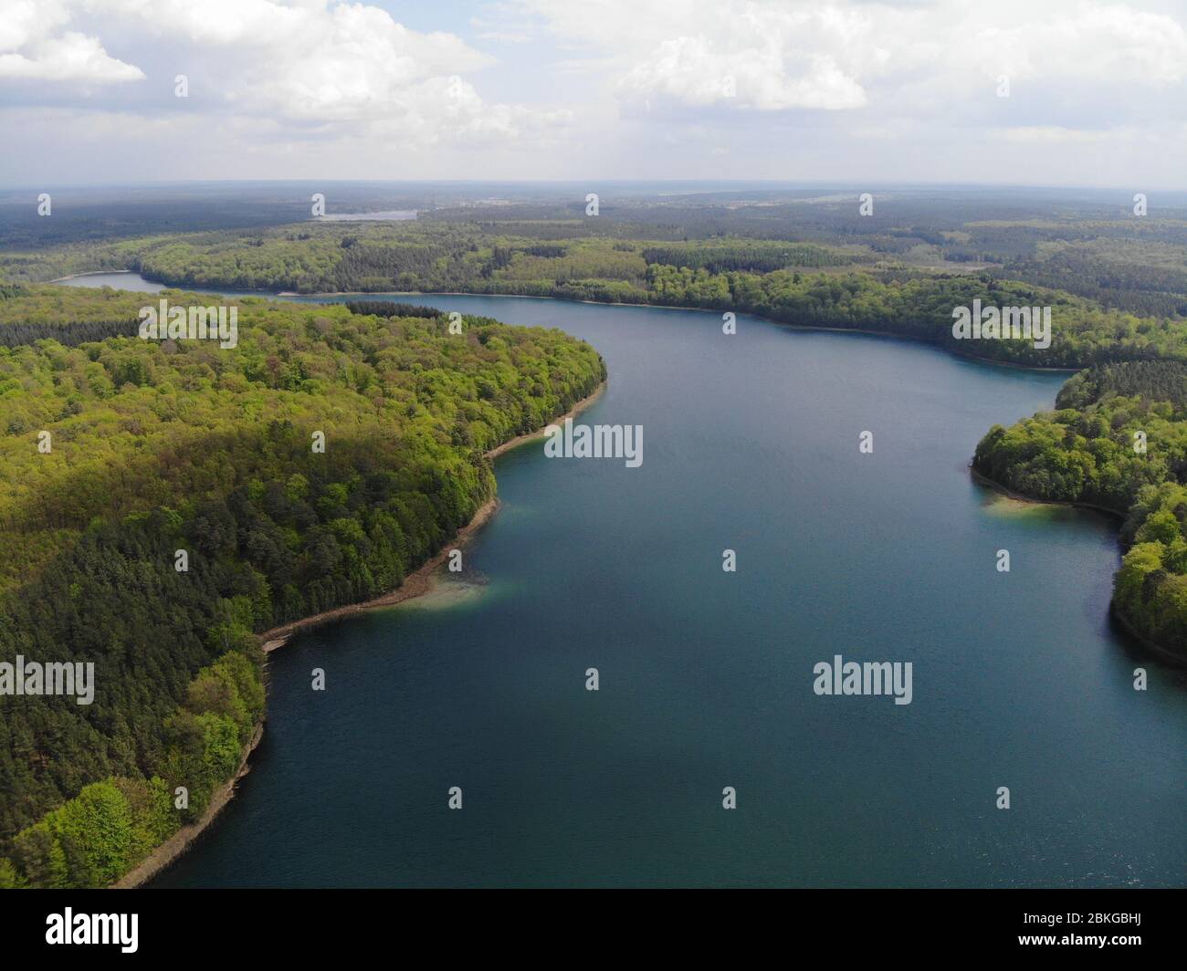 Aerial view of crystal clear Peetschsee located in Stechlin ...