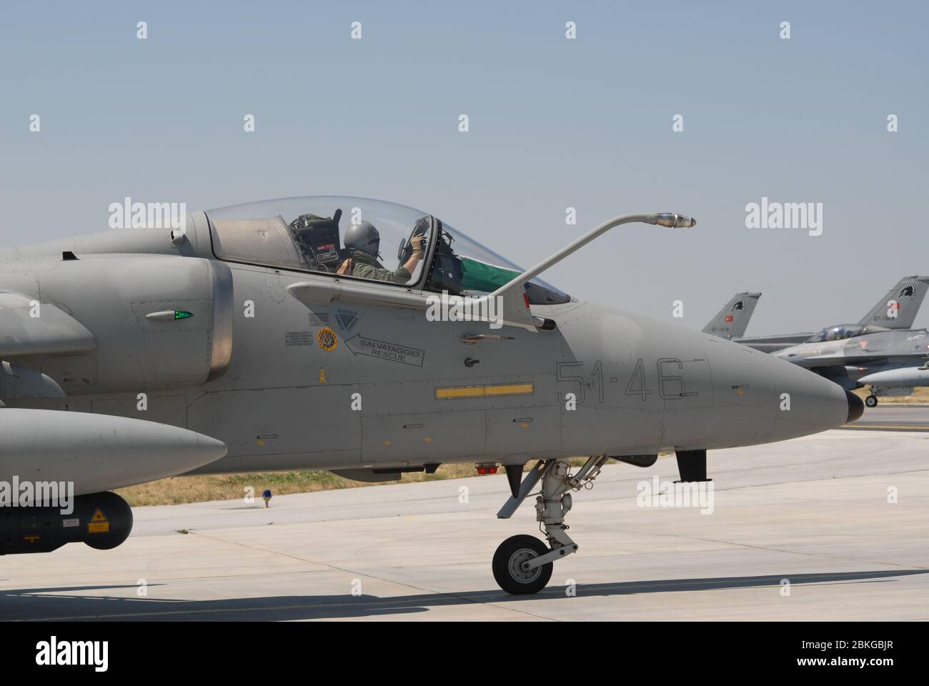 Italian Air Force AMX jet fighter prepares to takeoff from an air base ...