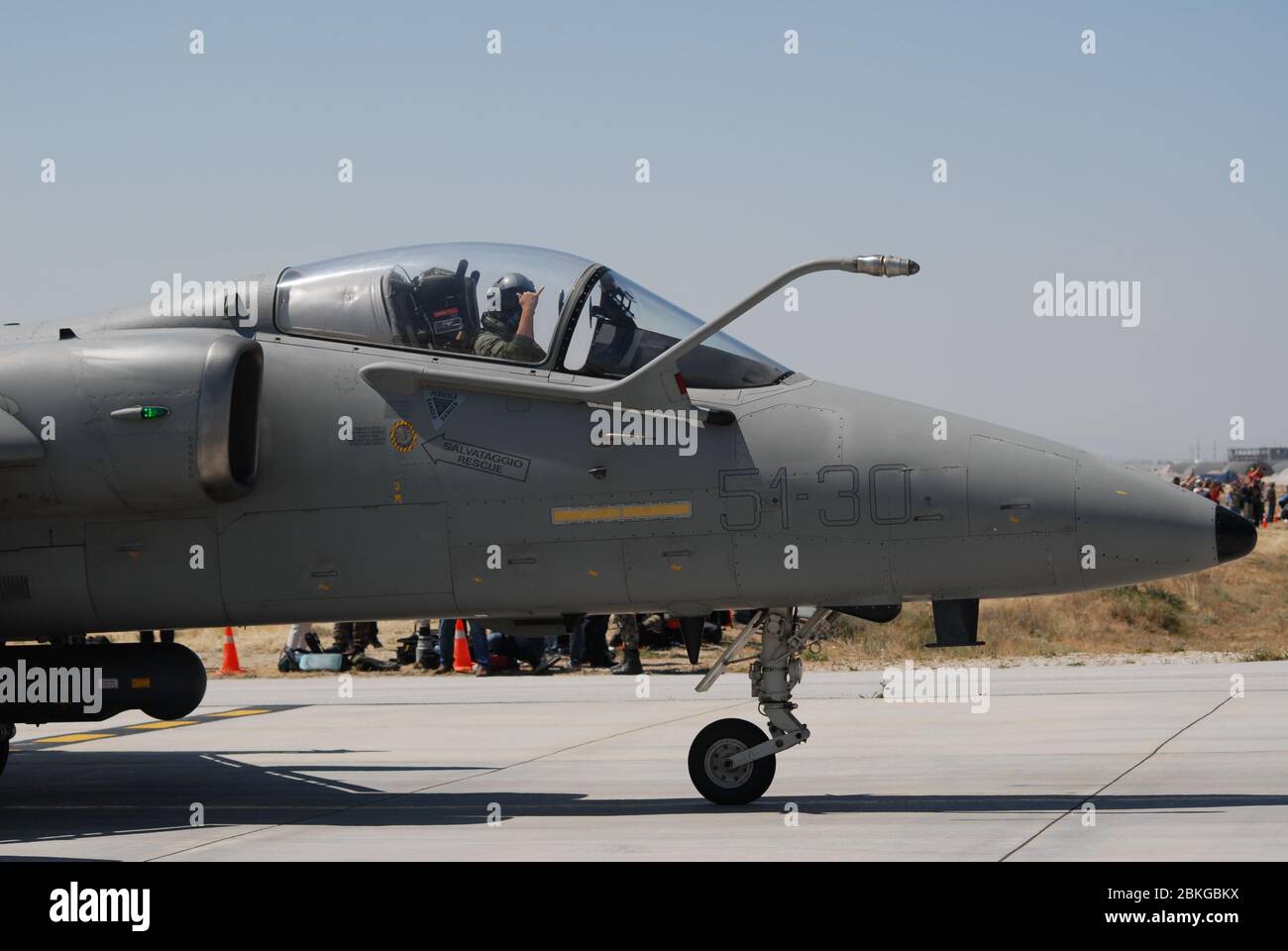 Italian Air Force AMX jet fighter prepares to takeoff from an air base ...