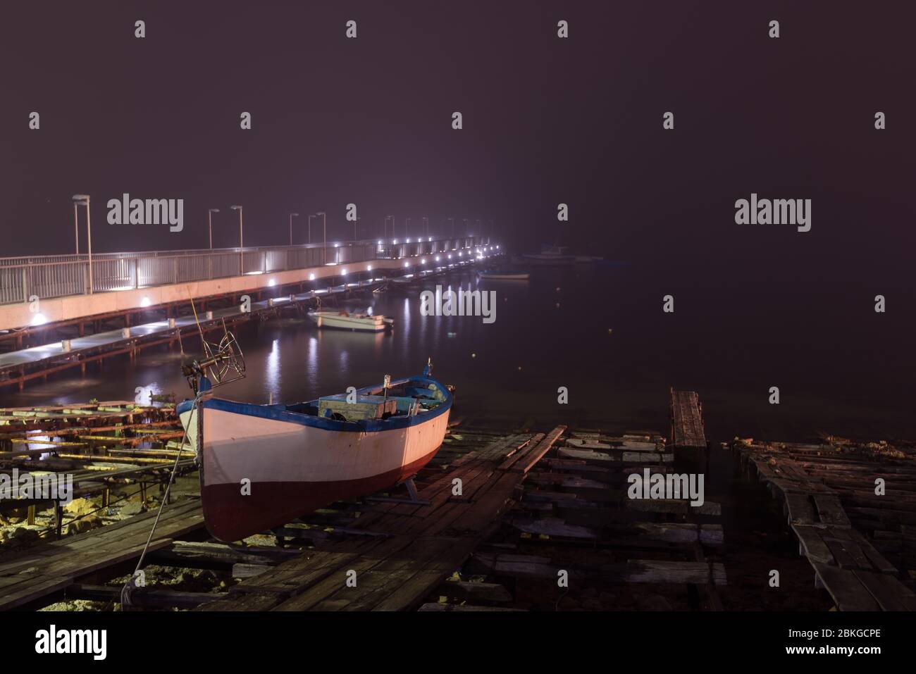 Port of Ahtopol, Bulgaria at night. Foggy weather Stock Photo - Alamy