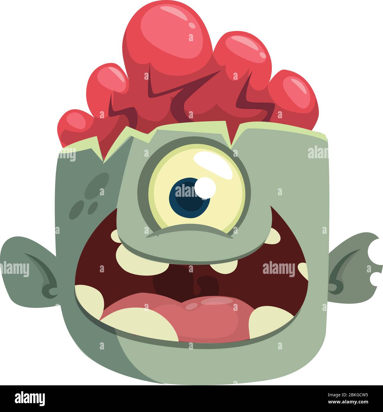 Cartoon funny green zombie with pink brains outside of the head ...