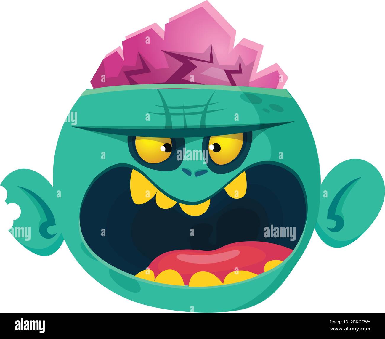 Cartoon funny green zombie with pink brains outside of the head ...
