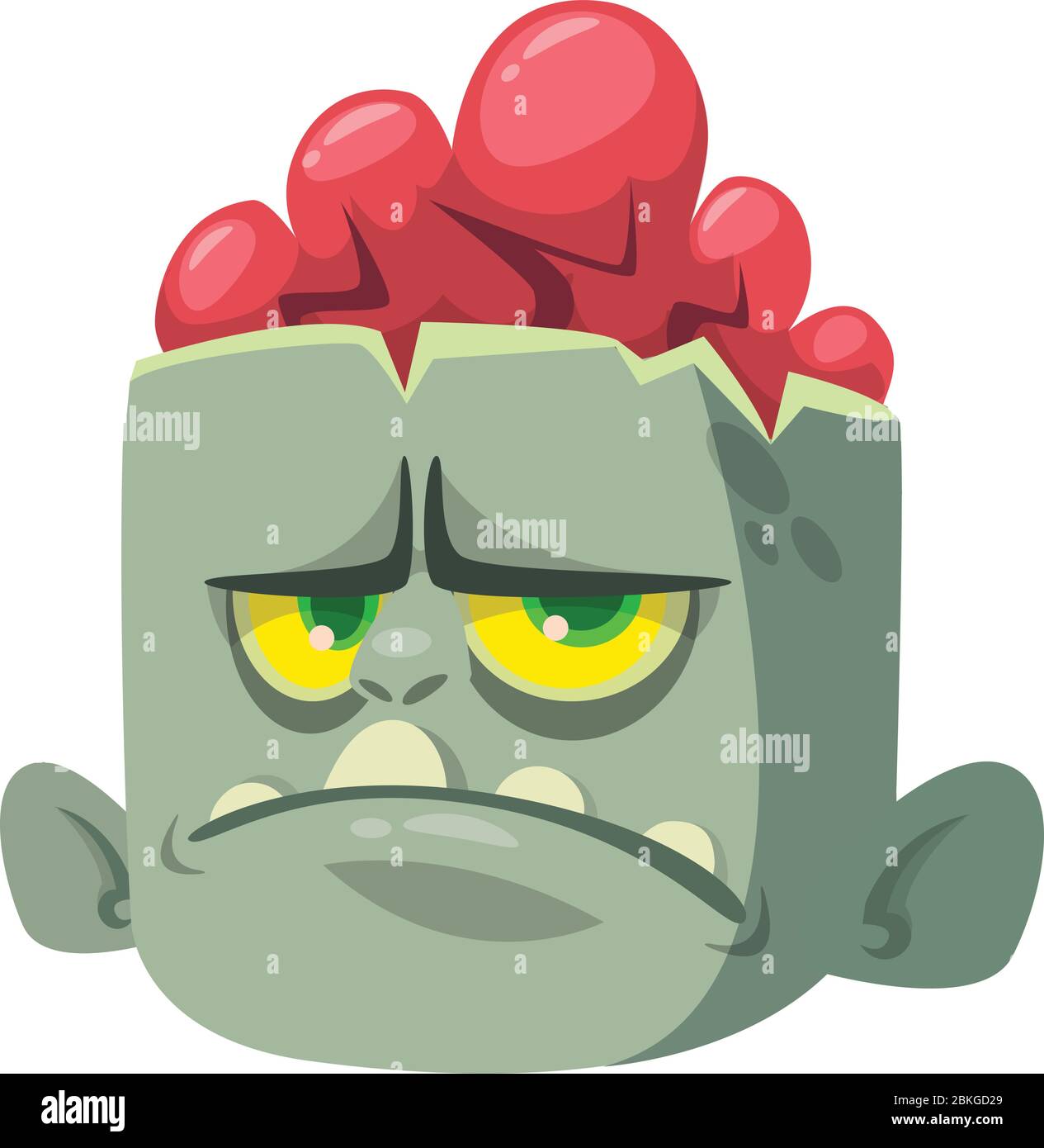 Cartoon funny green zombie with pink brains outside of the head ...