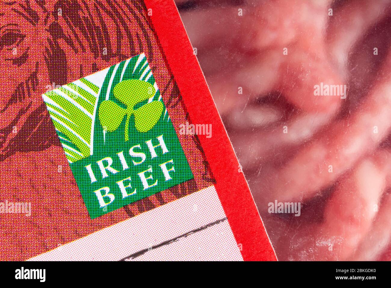 Close-up shot of Irish Beef logo on plastic packaging of ASDA mince ...