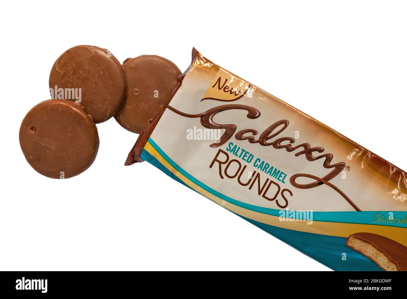 Packet of new Galaxy Salted Caramel Rounds biscuits opened with ...