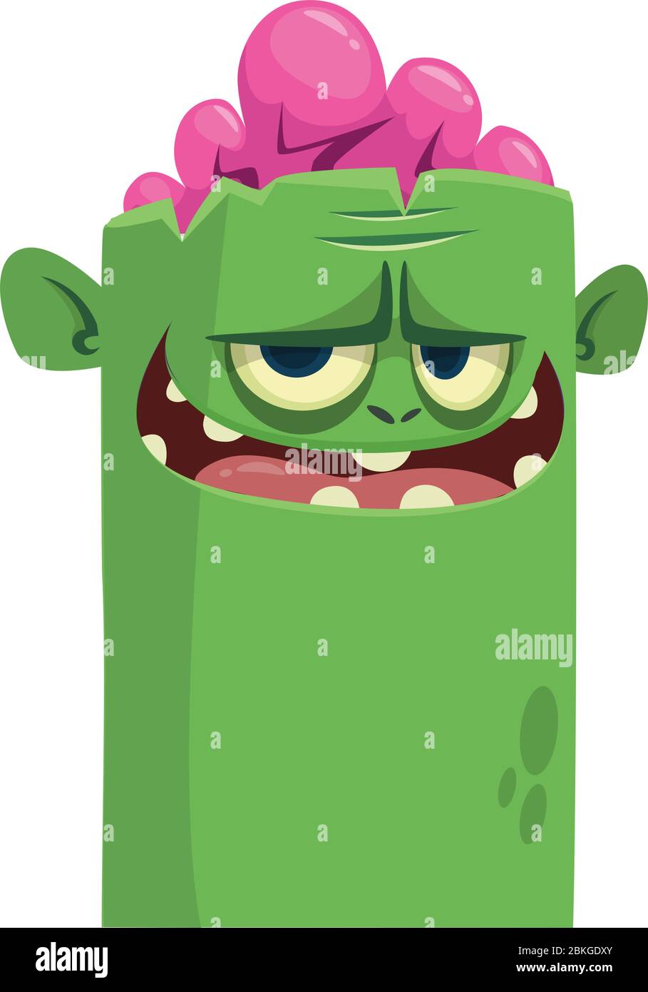 Cartoon funny green zombie with pink brains outside of the head ...