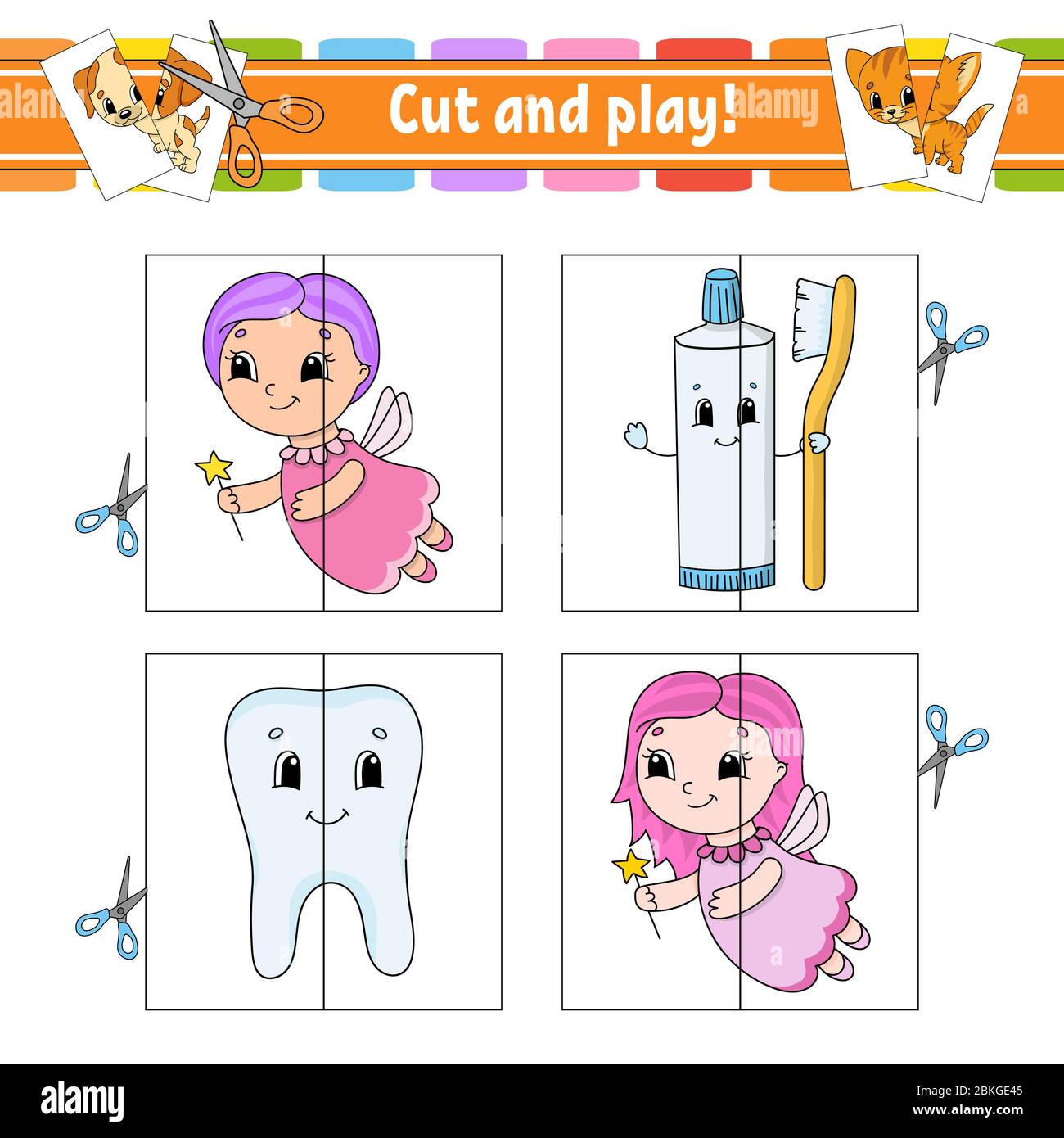 Cut and play. Flash cards. Color puzzle. Tooth, toothpaste, fairy ...