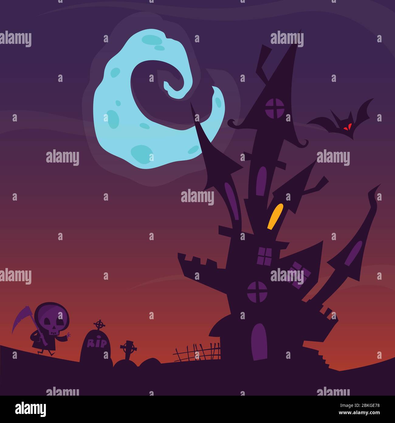 Scary haunted house with grim reaper walking and tombstones. Halloween ...