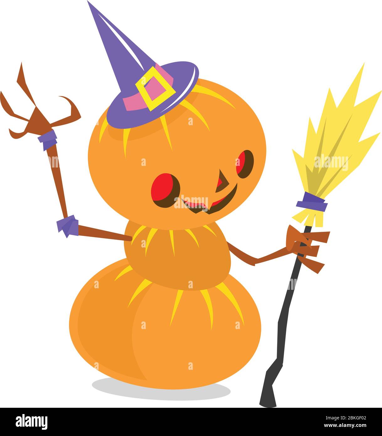 Halloween cartoon scarecrow dummy with pumpkin head and broomstick ...