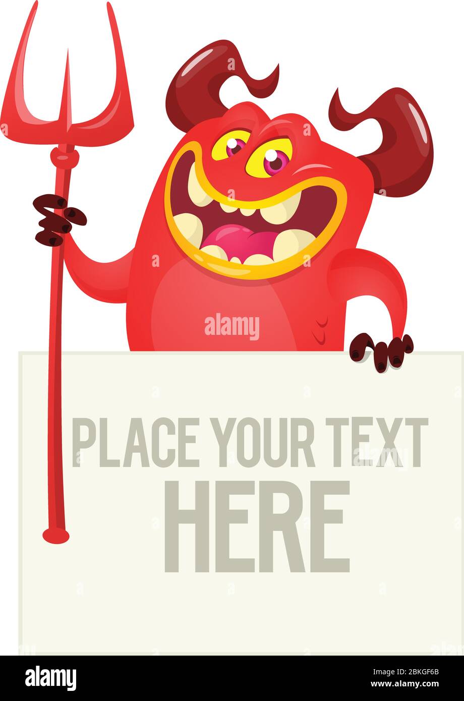 Cartoon red devil monster holding blank wooden board or placard ...