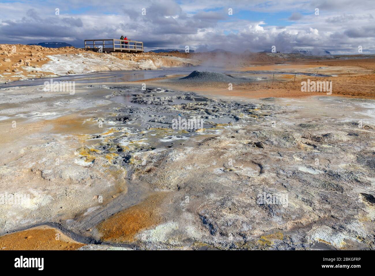 General view across the mud springs in the Námafjall Geothermal Area ...