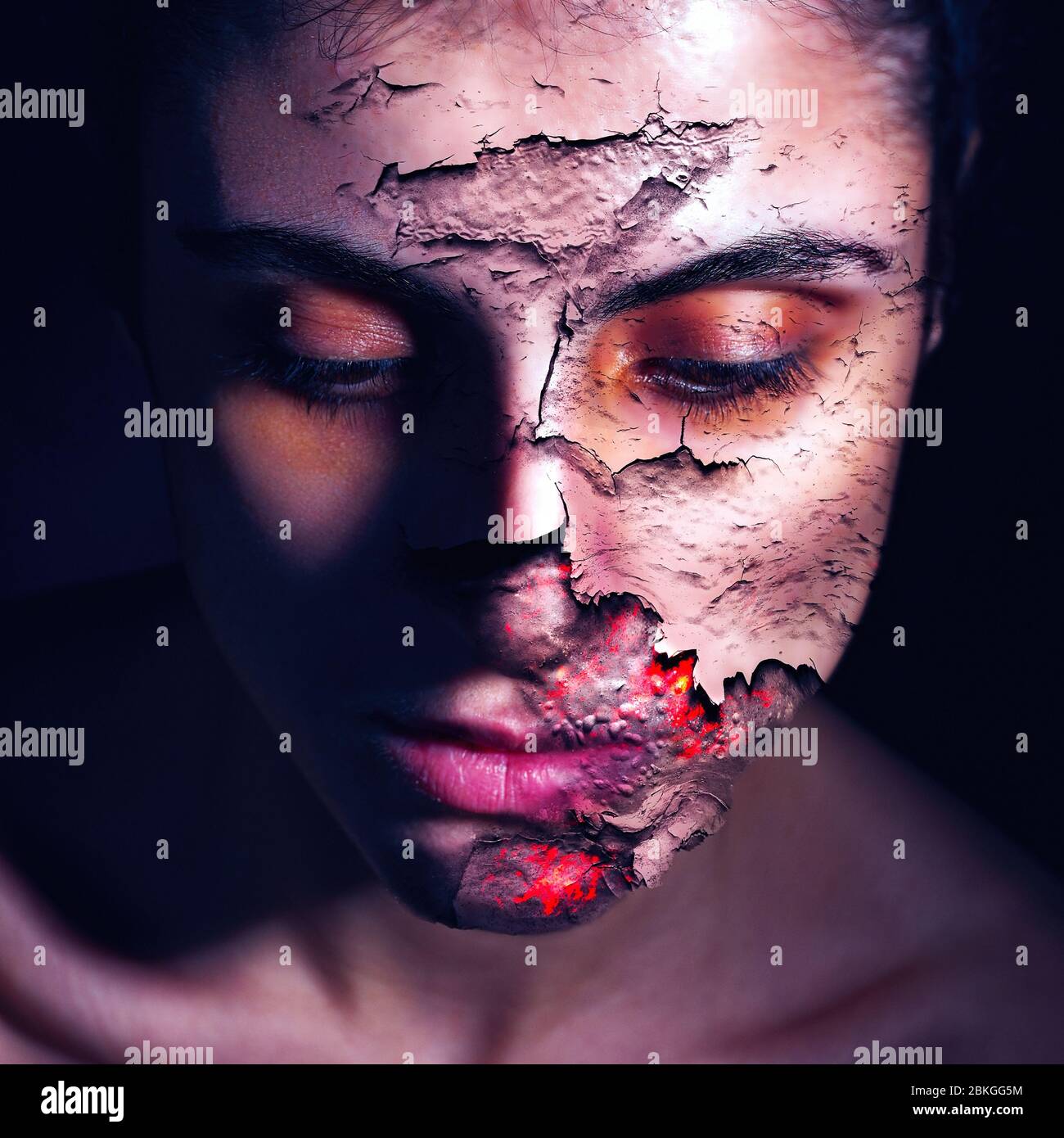 Destruction, Female Portrait with destructive texture over skin Stock ...