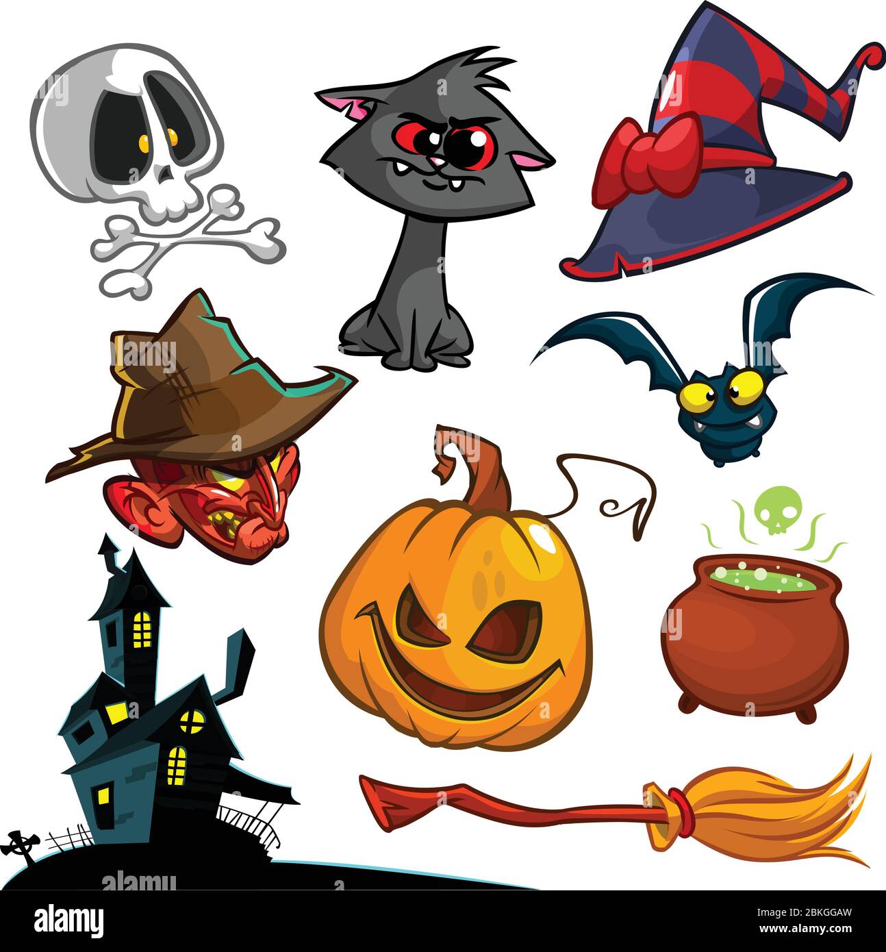Cartoon set of Halloween symbols. Witch cat, pumpkin head, skull, witch ...