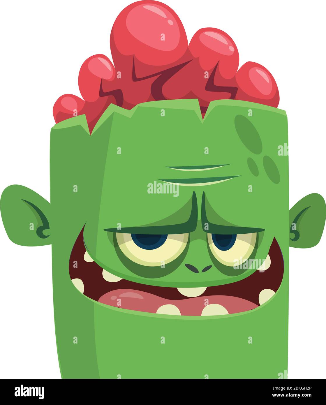 Cartoon funny green zombie with pink brains outside of the head ...