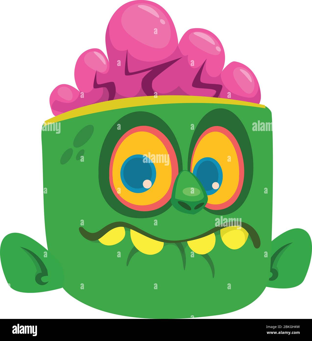 Cartoon funny green zombie with pink brains outside of the head ...