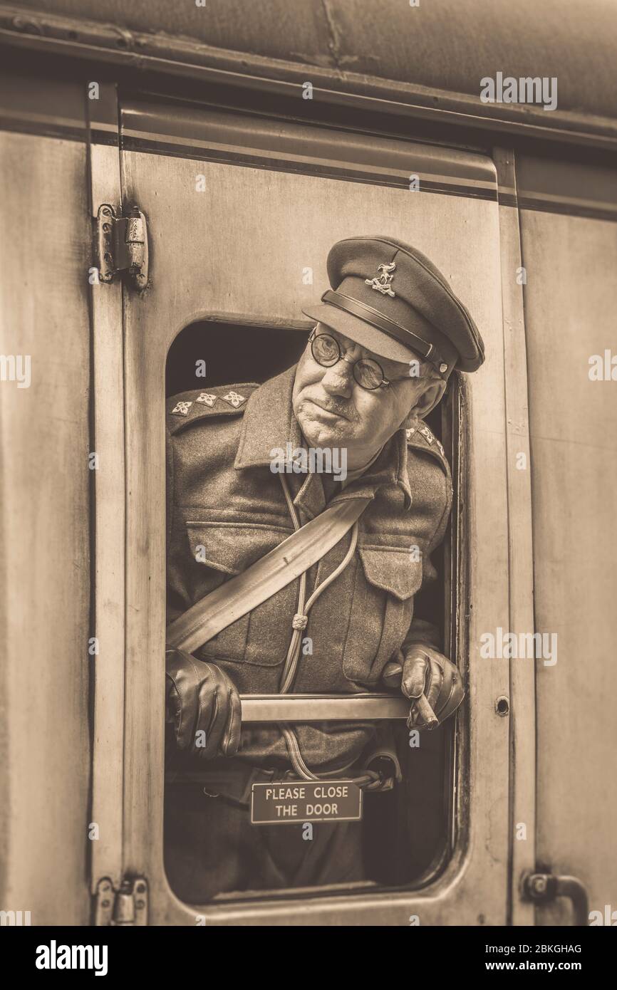 Sepia close up, 1940s man as WW2 Home Guard officer Captain Mainwaring ...