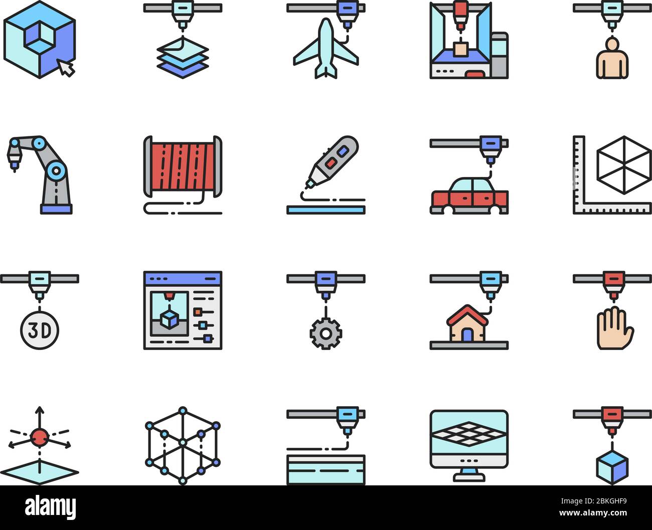 Set of 3D Printing Color Line Icons. 3d Modeling, Industrial Printer ...