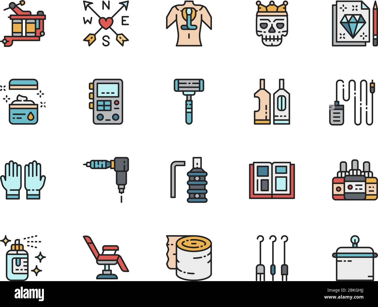 Set of Tattoo Studio Color Icons. Tattoo Machine, Ink Bottles, Chair ...
