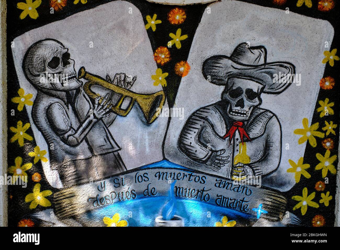 Colorful skeleton murals referring to the "Day of the Dead" festival ...