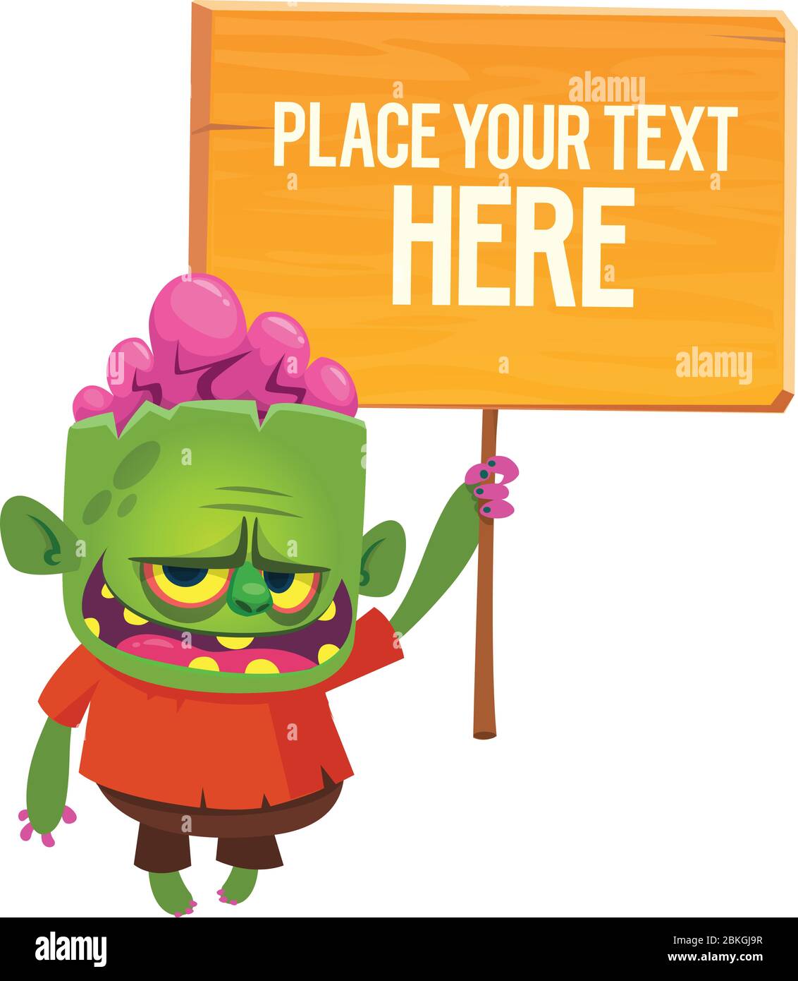 Cartoon zombie holding wooden sign. Vector illustration. Isolated on ...