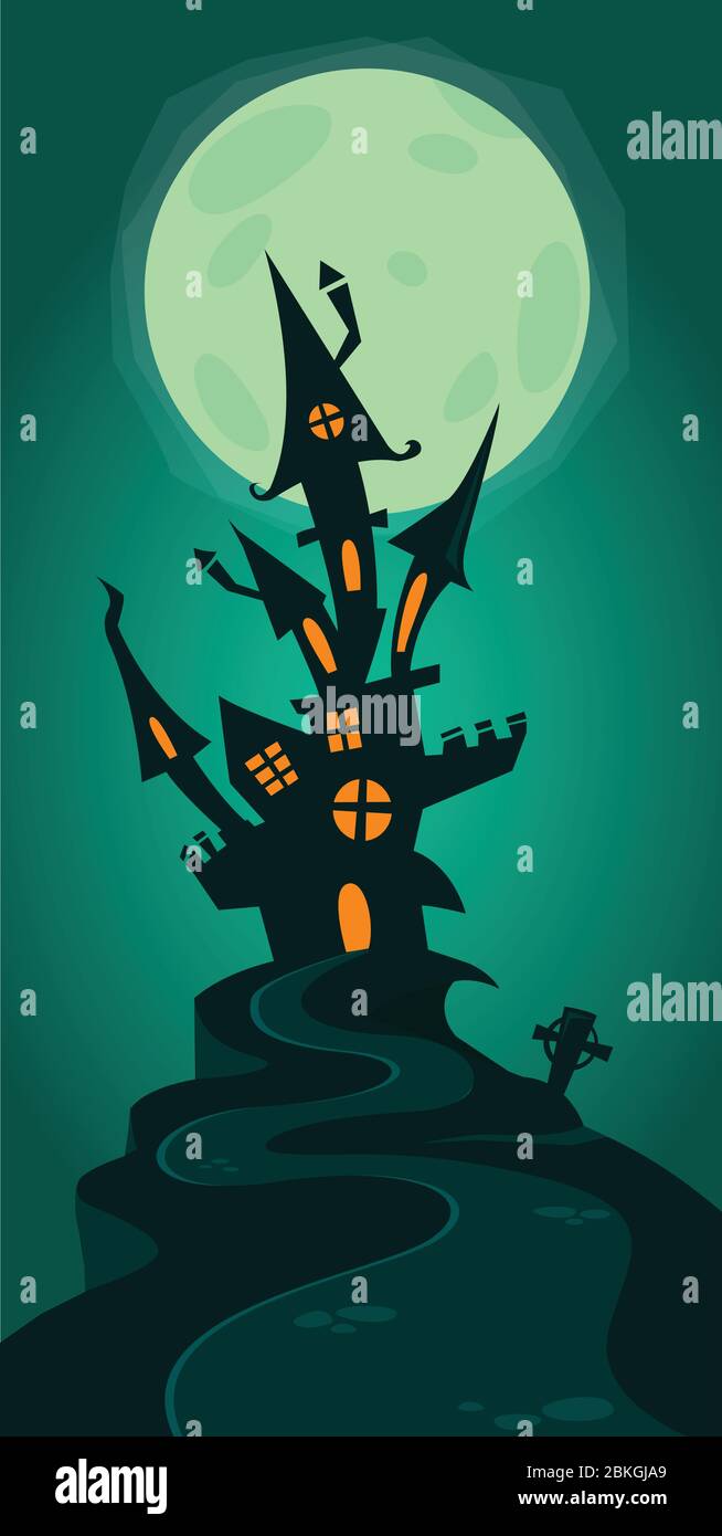 Cartoon haunted house on the hill on night background with a full moon ...