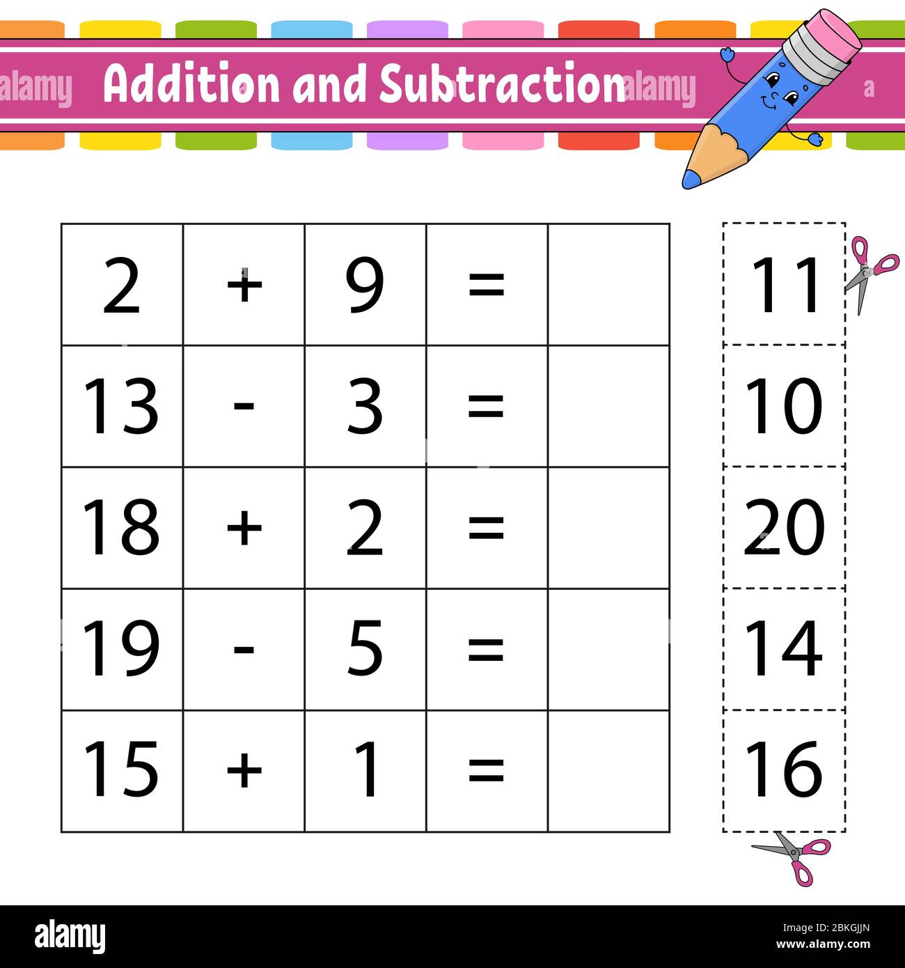 Addition and subtraction. Task for kids. Cut and paste. Education ...