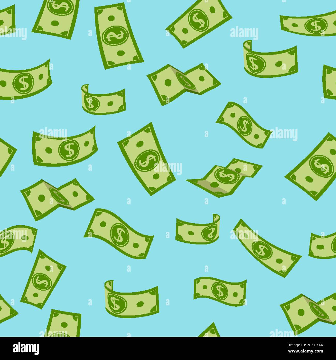 Money rain flat cartoon seamless pattern. Green paper notes flying in ...