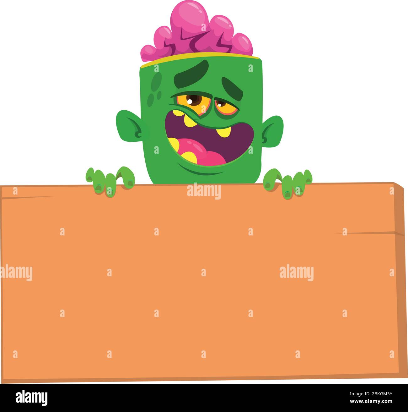 Cartoon zombie holding wooden sign. Vector illustration. Isolated on ...