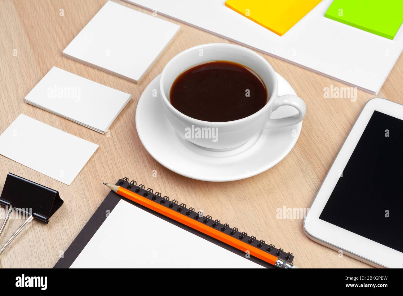Corporate identity design template on wooden desk close up Stock Photo ...