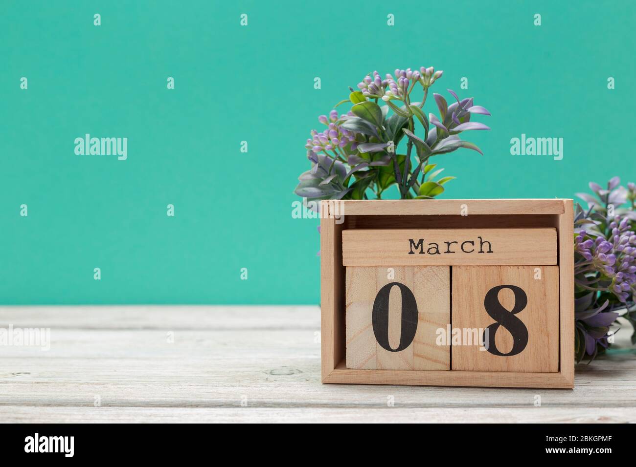Wood blocks in box with date, day and month 8 March. Wooden blocks ...