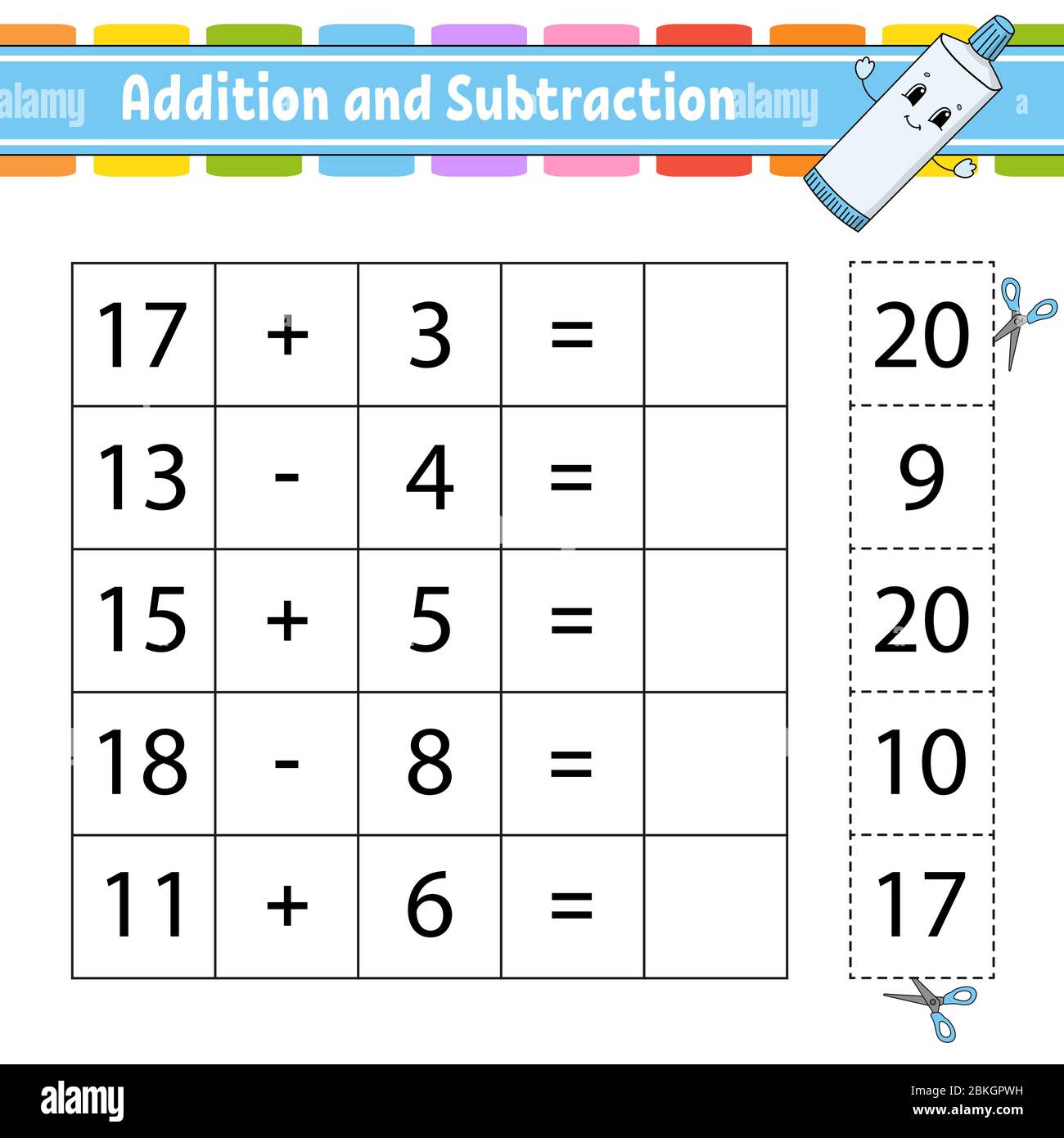Addition and subtraction. Task for kids. Cut and paste. Education ...
