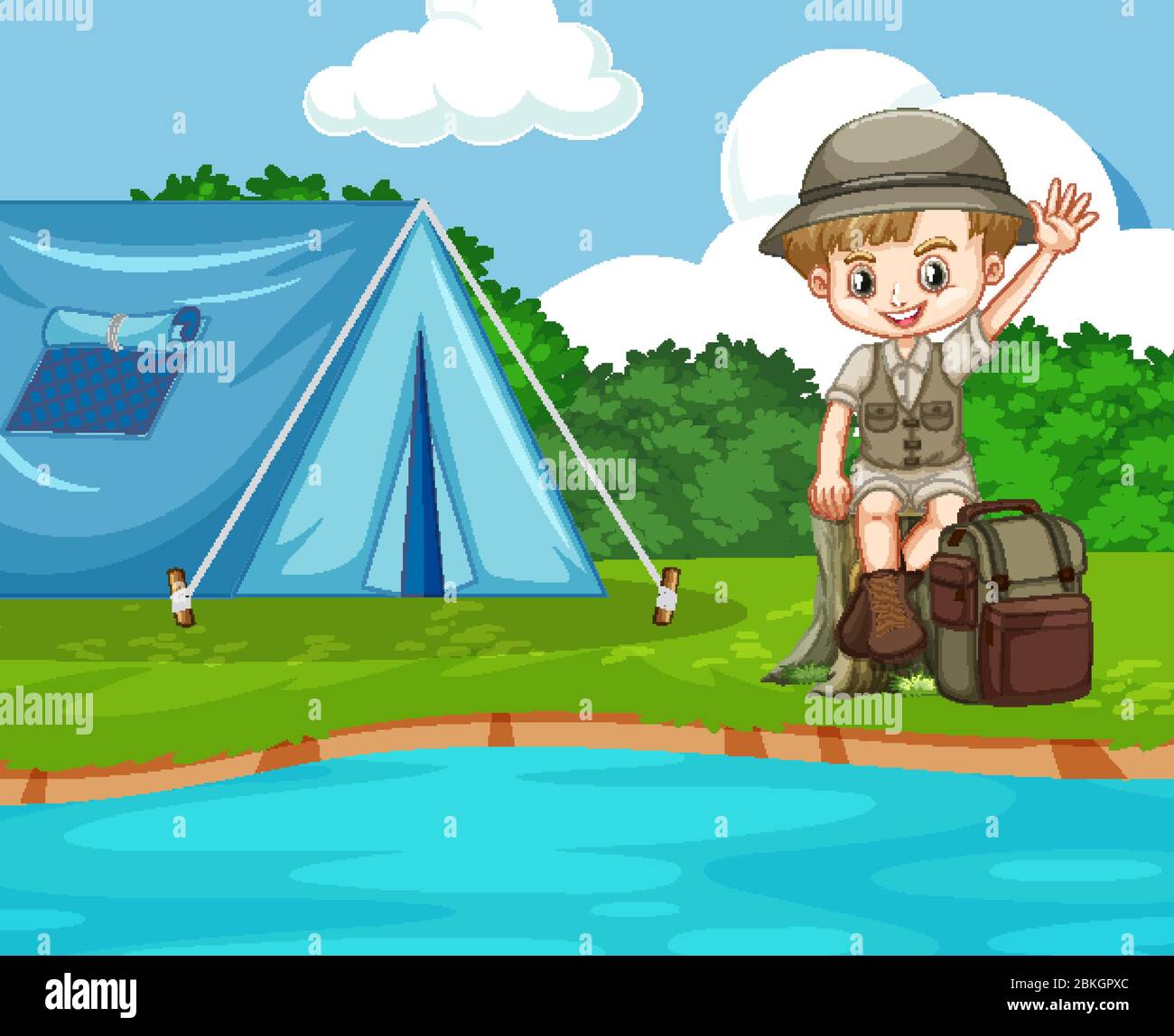 Scene with cute boy camping by the river illustration Stock Vector ...