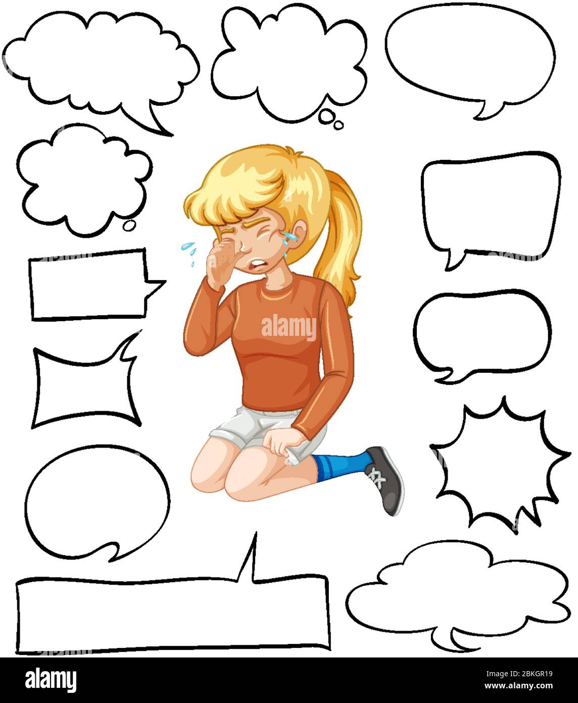 Different shapes of speech bubbles and girl crying on white background ...