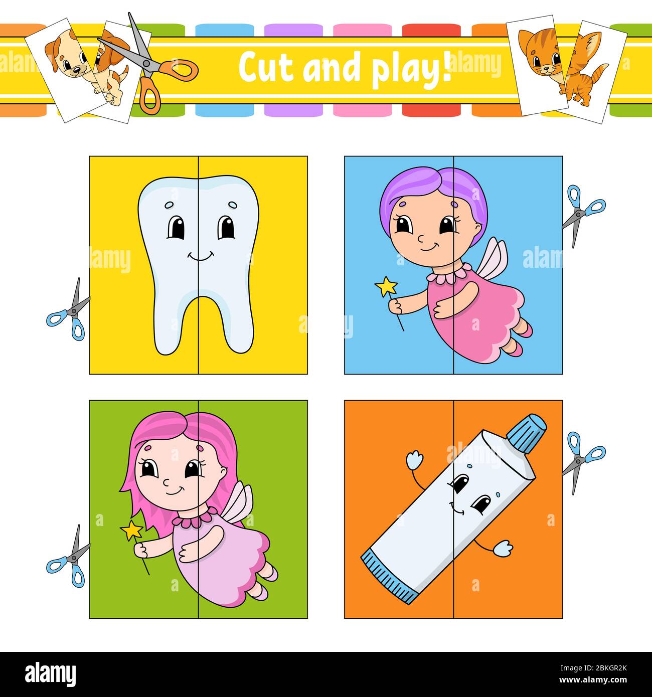Cut and play. Flash cards. Color puzzle. Tooth, toothpaste, fairy ...