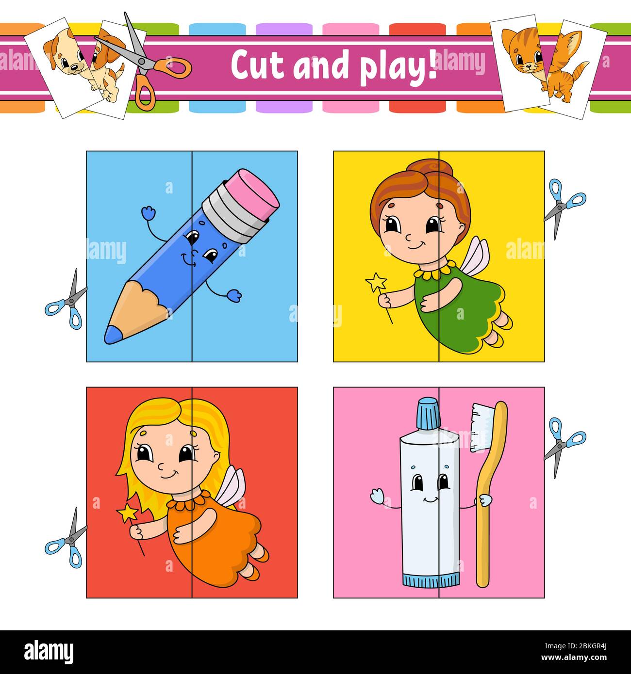 Cut and play. Flash cards. Color puzzle. Toothpaste, fairy, pencil ...