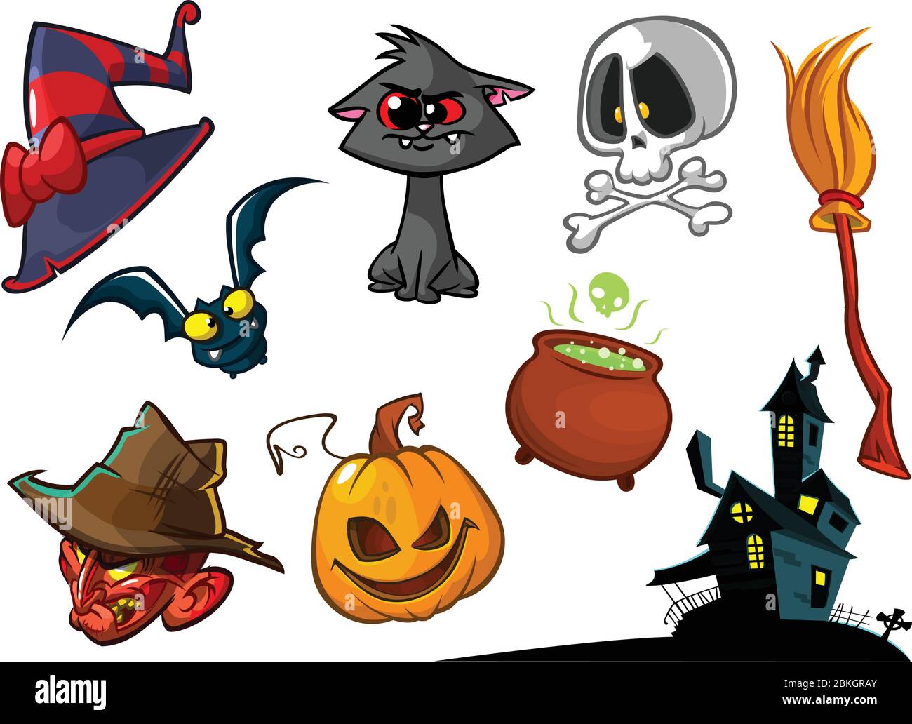 Cartoon set of Halloween symbols. Witch cat, pumpkin head, skull, witch ...