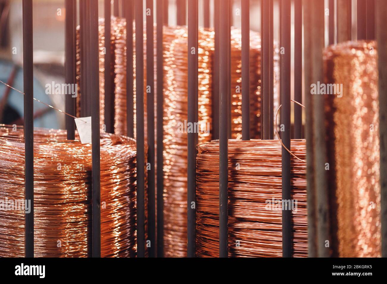 Production of copper wire, bronze cable in reels at factory Stock Photo ...