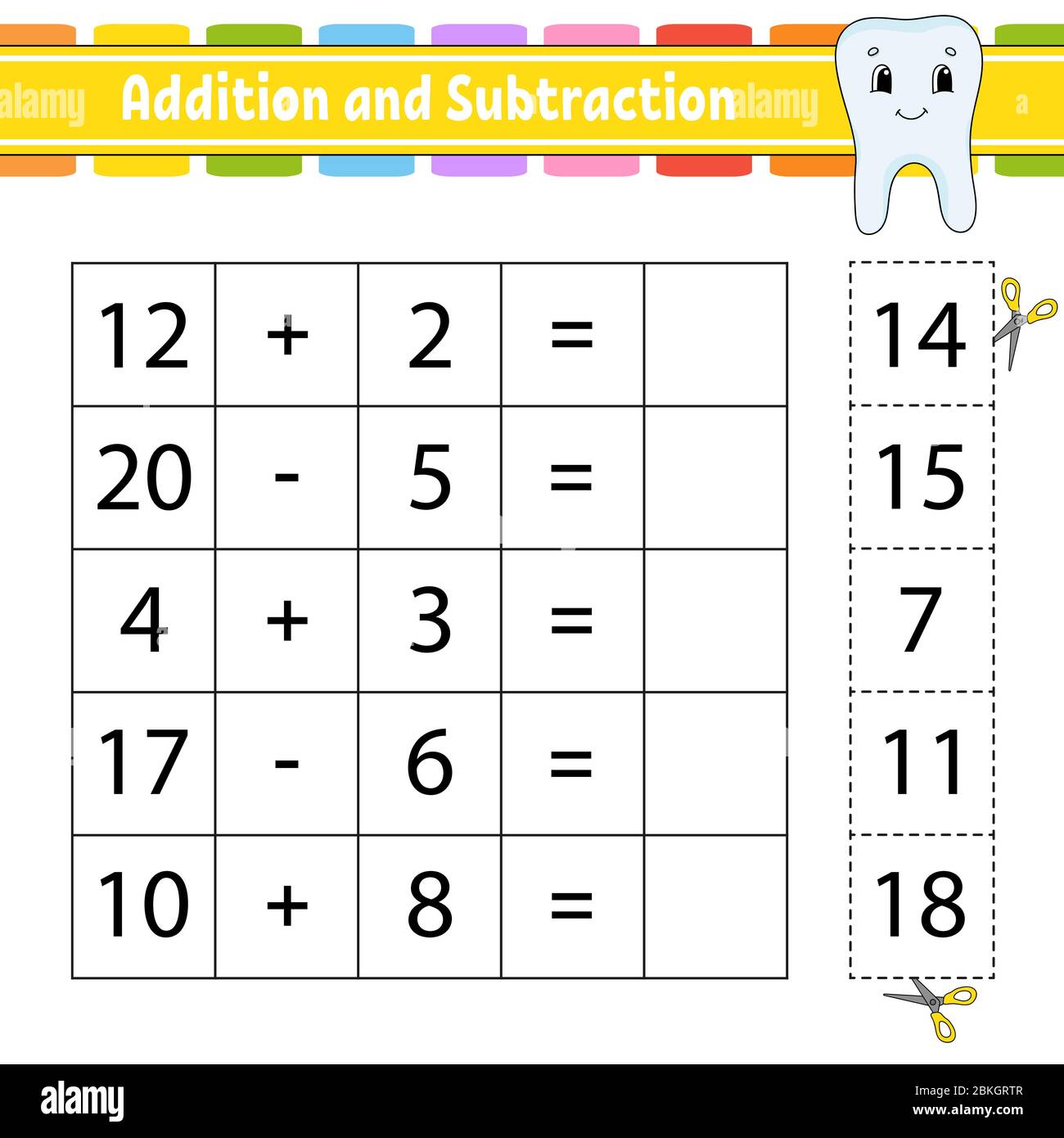 Addition and subtraction. Task for kids. Cut and paste. Education ...