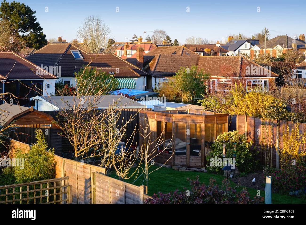 An elevated view of suburban back gardens and residential homes in ...