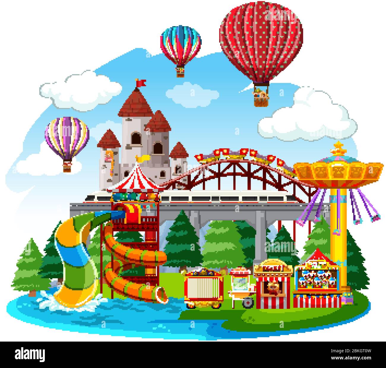 Themepark scene with many rides at day time illustration Stock Vector ...