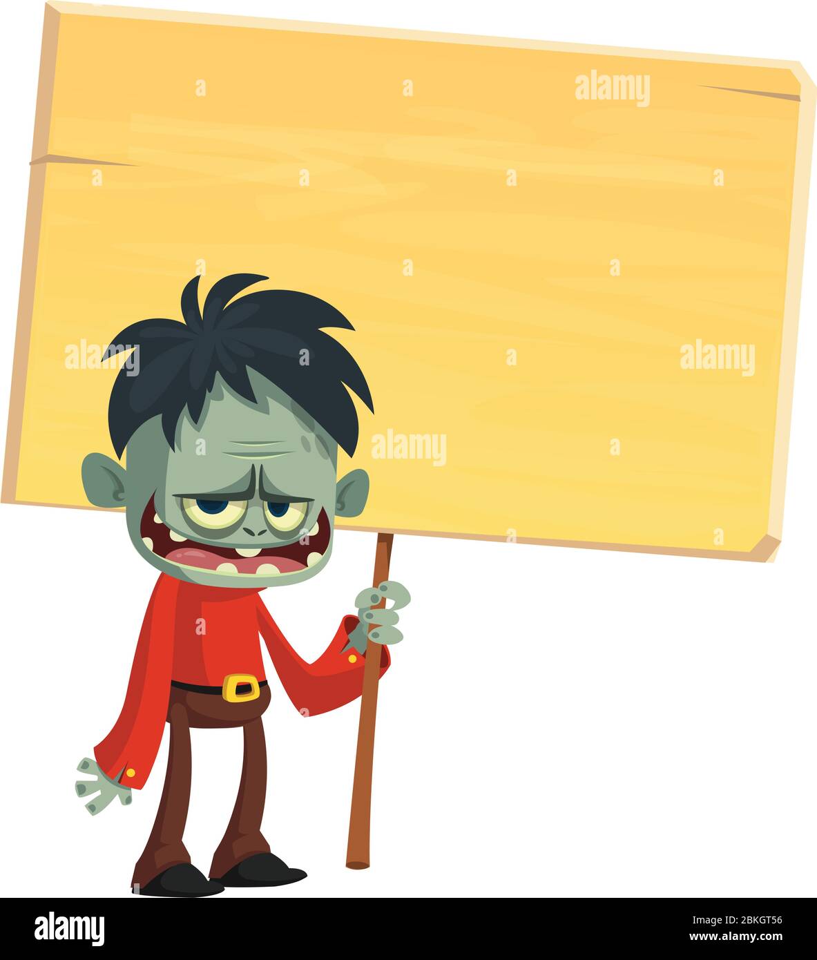 Cartoon zombie holding wooden sign. Vector illustration. Isolated on ...